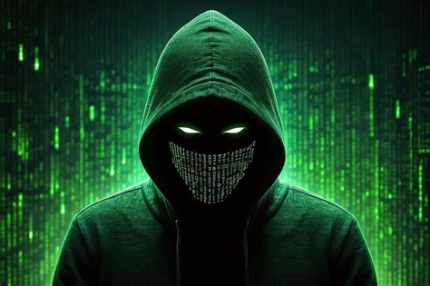 Silhouette Of A Hacker In A Hood With Binary Code On A Luminous Green Background Premium Ai