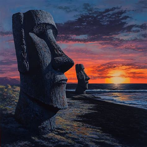 Moai Statues At Sunset On Easter Island Stock Illustration
