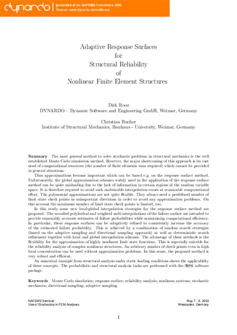 Pdf Adaptive Response Surfaces For Structural Reliability Of