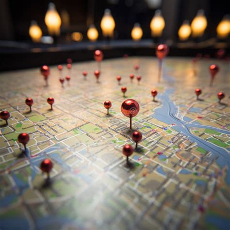 Urban Navigation Red Pins On City Map Guiding Exploratory Routes Stock Urban Navigation Red Pins On City Map Guiding Exploratory Routes Stock