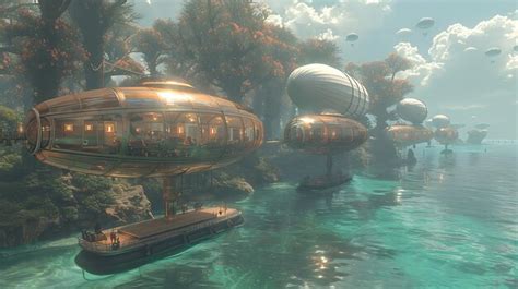 Gate Agent Floating Airport Coordinating Passenger Transfer Between Flying Boat Airship Over