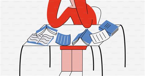 흩어져 있는 종이 문서 책 공책으로 가득 찬 테이블에 앉아 있고 흰색 배경에 고립된 평평한 스타일로 손으로 머리를 잡고 있는 과로하고 피곤한 여성의 벡터 삽화 사진