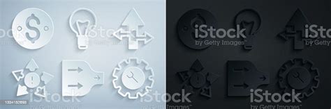 화살표 여러 가지 방향 화살표 렌치 와 기어 전구와 달러 기호 아이콘을 설정합니다 벡터 3차원 형태에 대한 스톡 벡터 아트 및