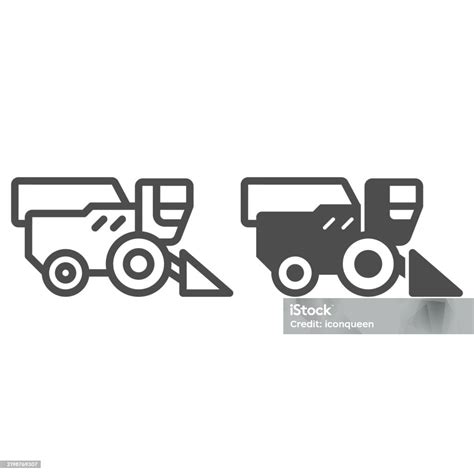 수확기 트랙터 라인과 솔리드 아이콘 밀 생산 개념 벡터 그래픽 흰색 배경에 밀 곡물 자르기 차량 기호 모바일 또는 웹 디자인에 대 한 개요 스타일 아이콘 검은색에 대한 스톡