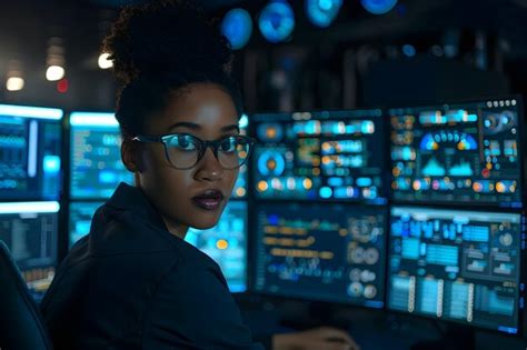 African Woman Working On Computer Nighttime Data Analysis And