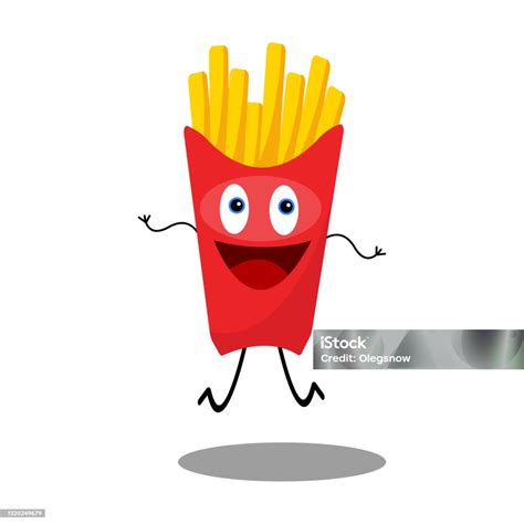 흰색 배경에 점프와 웃음 재미 패스트 푸드 개념에 빨간 상자에 활성 만화 캐릭터 감자 튀김 만화에 대한 스톡 벡터 아트 및 기타 이미지 만화 반짝이 밝은 빛 Istock