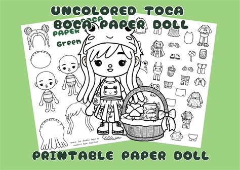 Printable Toca Boca Paper Doll Green Style Dress Up Doll Activity For