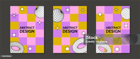 화려한 네오 기하학적 디자인 포스터 세트 3d 토러스 원뿔 원통 구 체크 무늬 배경에 블링 모양의 컬렉션입니다 복고풍 미래 지향적 인 템플릿 세트는 표지 배너 전단지입니다