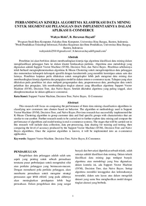 Pdf Perbandingan Kinerja Algoritma Klasifikasi Data Mining Untuk Segmentasi Pelanggan Dan