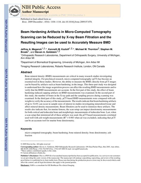 Pdf Beam Hardening Artifacts In Micro Computed Tomography Scanning