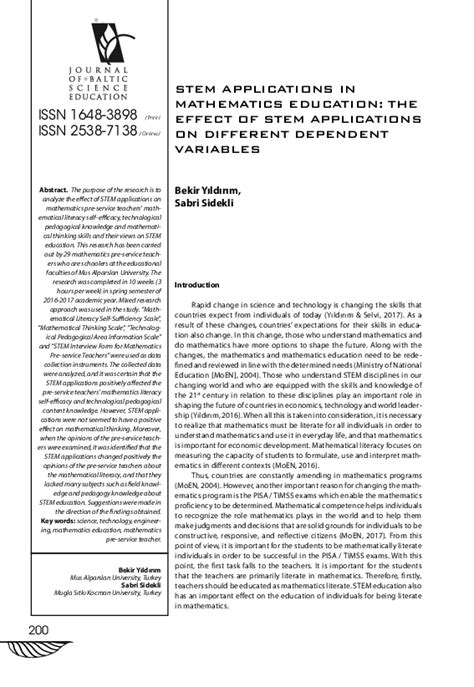 Pdf Stem Applications In Mathematics Education The Effect Of Stem Applications On Different