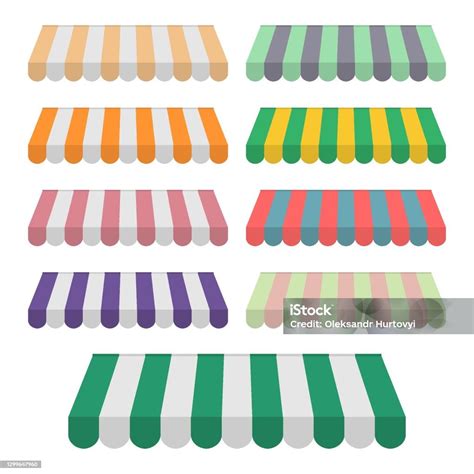 상점 마켓플레이스 카페 및 거리 레스토랑을 위한 줄무늬 차양 세트 스트라이프 캐노피 아이콘 줄무늬 선쉐이드 또는 텐트 차양에 대한 스톡 벡터 아트 및 기타 이미지 Istock