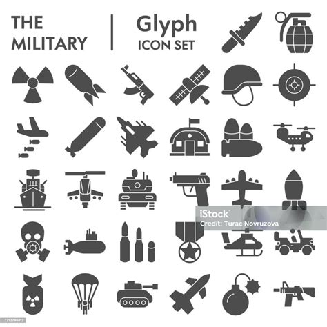 밀리터리 솔리드 아이콘 세트 육군 서명 컬렉션 스케치 로고 일러스트 레이션 웹 기호 흰색 배경에 격리 된 문말 스타일의 픽토그램