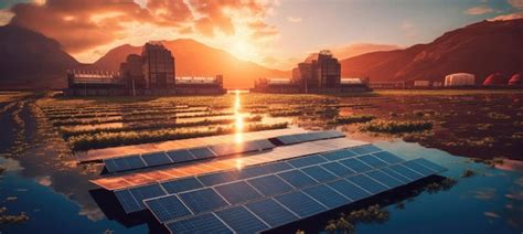 Premium Ai Image Solar Panels Field On Sunset Ai Generated