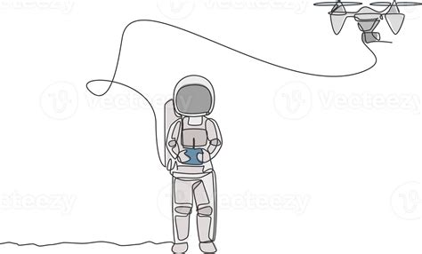 One Single Line Drawing Astronaut Playing Drone Plane Radio Control In Moon Land Graphic