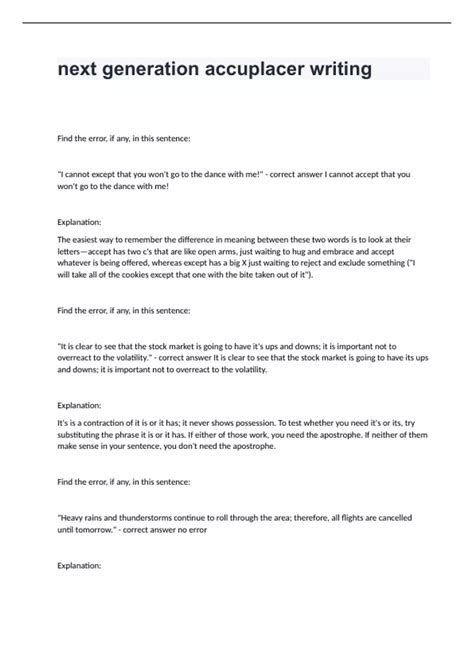 Next Generation Accuplacer Writing Exam Questions And Complete Correct