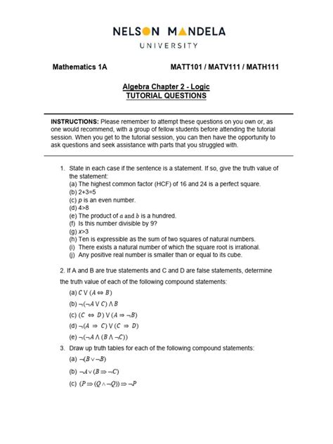 Algebra Chapter 2 Tutorial Questions On Logic Pdf