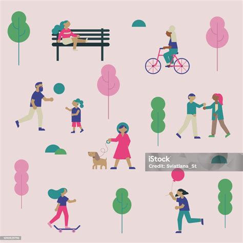 봄 또는 여름 야외 개념 평면 벡터 사람들이 산책과 자연에서 휴식 개에 대한 스톡 벡터 아트 및 기타 이미지 개 나무 남자 Istock
