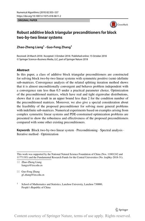 Robust Additive Block Triangular Preconditioners For Block Two By Two Linear Systems Request Pdf