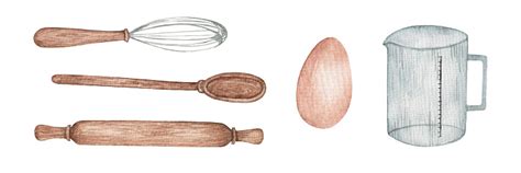 부엌 기구와 달걀의 수채화 도면 세트 베이킹용 비커 롤링 핀 숟가락 코 롤라 수채화에 대한 스톡 벡터 아트 및 기타 이미지 수채화 오븐에 굽기 일러스트레이션 Istock