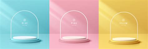 현실적인 노란색 파란색 분홍색 및 흰색 실린더 연단이 있는 3d 배경 세트 최소 아치 모양의 벽 장면 파스텔 모형 제품 디스플레이 쇼케이스를 위한 둥근 무대 3d 추상 벡터