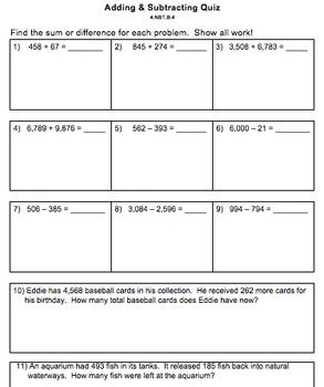 Adding Subtracting Multi Digit Numbers Quiz 4 NBT B 4 By Eric Jayne
