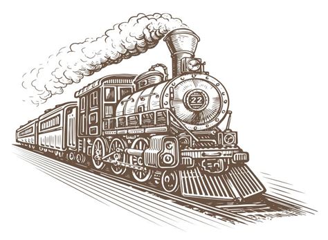 Treno Retrorifloreale In Forma Di Incisione Vintage Locomotiva A Vapore Estratta A Mano
