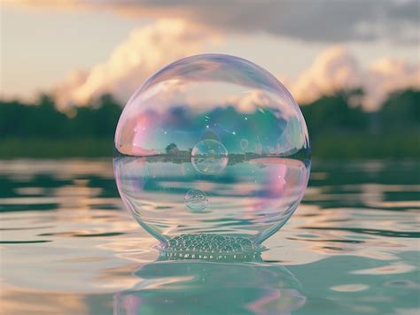 A Bubble Floating In The Water With A Sky In The Background Premium