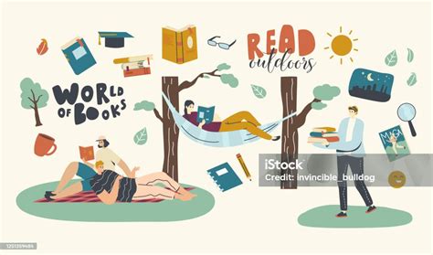 야외에서 책을 읽는 사람들 행복한 남성과 여성 캐릭터는 흥미로운 책과 공중 여가 시간을 엽니 다 남성과 여성은 휴식을 취하고 자연에 대한 문학을 읽는 시간을 보내고 있습니다