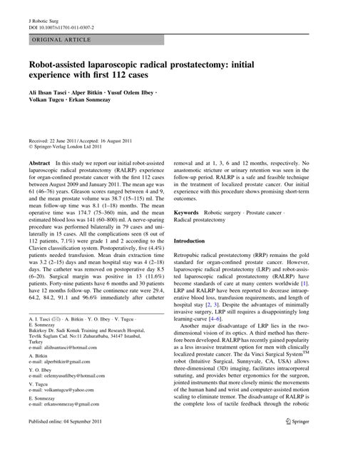 Pdf Robot Assisted Laparoscopic Radical Prostatectomy Initial Experience With First 112 Cases