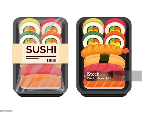 스시 도시락 일본 음식 세트 쌀 상자 포장 만화 일러스트 벡터 Tamagoyaki에 대한 스톡 벡터 아트 및 기타 이미지 Tamagoyaki 가리비 건강한 식생활