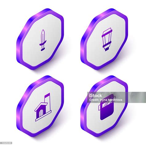 아이소메트릭 중세 검 정원 조명 램프 대장간 작업장 내부 및 용접 마스크 아이콘을 설정합니다 보라색 육각형 버튼 벡터 0명에 대한 스톡 벡터 아트 및 기타 이미지 Istock