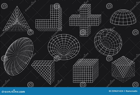 Retro Futuristic Geometric Shapes With Lines Set Of Science Technology Elements Of Wireframes