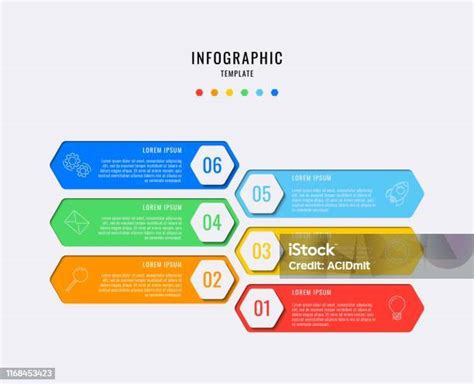 텍스트 상자와 마케팅 라인 아이콘이 있는 6단계 옵션 부품 또는 프로세스를 갖춘 육각형 인포그래픽 요소입니다 워크플로우 다이어그램 연례 보고서 웹 디자인을 위한 벡터 데이터
