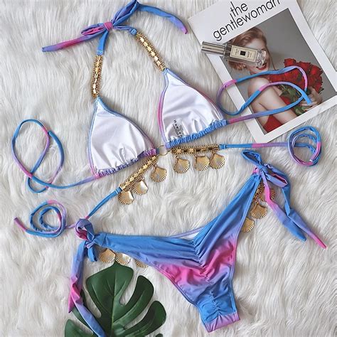 Damochic 2022 Sexy Designer Bikinis Set Gradient Womens Thong Swimsuit Crystal Halter Beachwear