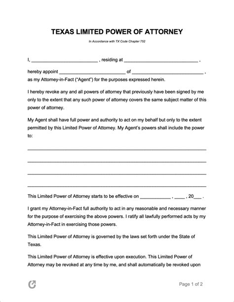 Free Texas Limited Special Power Of Attorney Form Pdf Word