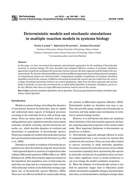 Pdf Deterministic Models And Stochastic Simulations In Multiple Reaction Models In Systems Biology