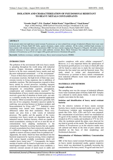 Pdf Isolation And Characterization Of Pseudomonas Resistant To Heavy Metals Contaminants