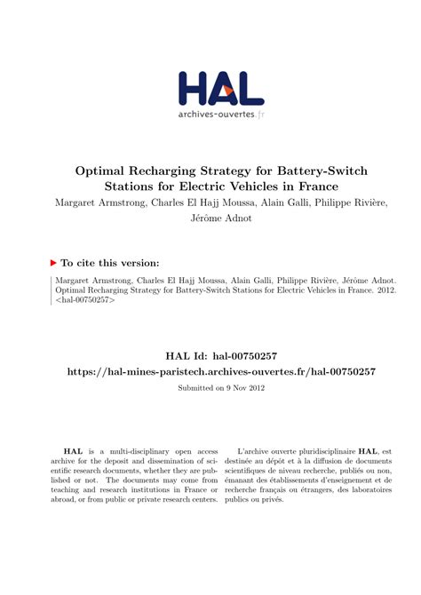 Pdf Optimal Recharging Strategy For Battery Switch Stations For Electric Vehicles In France