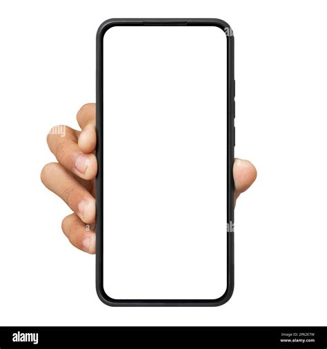 Hand Holding Black Smartphone With White Screen Isolated On White