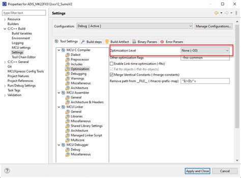 choosing gnu compiler optimizations mcu on eclipse