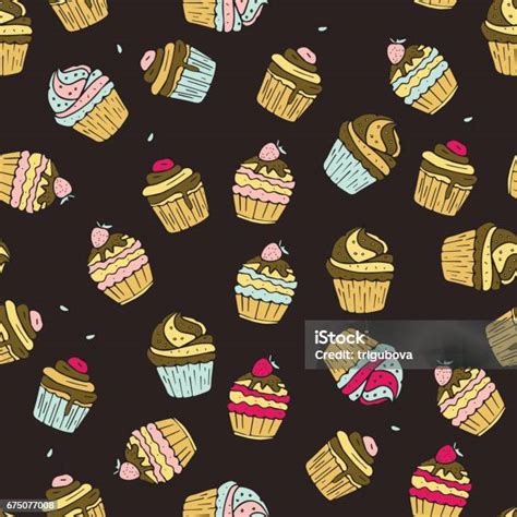 열매와 낙서 달콤한 컵 케이크와 원활한 벡터 패턴입니다 귀여운 디저트의 컬러 일러스트입니다 귀여운에 대한 스톡 벡터 아트 및