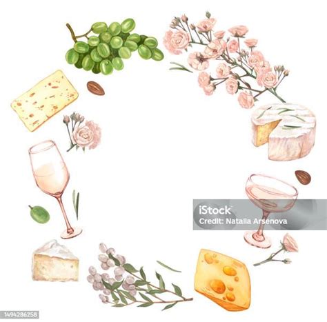 수채화 와인과 치즈 프레임 화환 템플릿입니다 손으로 둥근 카드 배경을 그리고 격리된 흰색에 음식 개체를 그립니다 화이트 와인 병과 유리와 유리 올리브 청포도 치즈 꽃 개체
