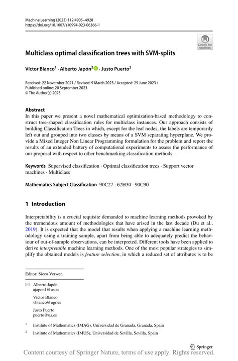 Pdf Multiclass Optimal Classification Trees With Svm Splits