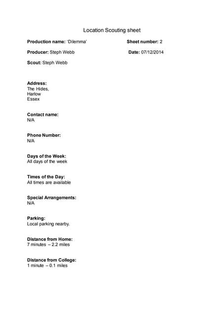 Location Scouting Sheet School Pdf