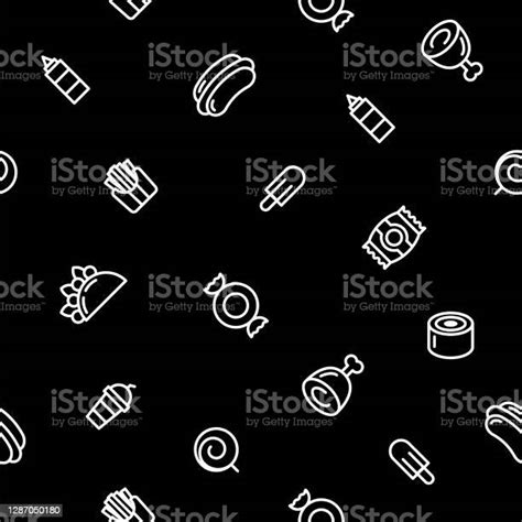 추상 낙서 원활한 패턴 손 그린 패스트 푸드 요소 피자 햄버거 스낵 음료 크루아상 벡터 디자인 스타일 배경 일러스트 아이콘 0