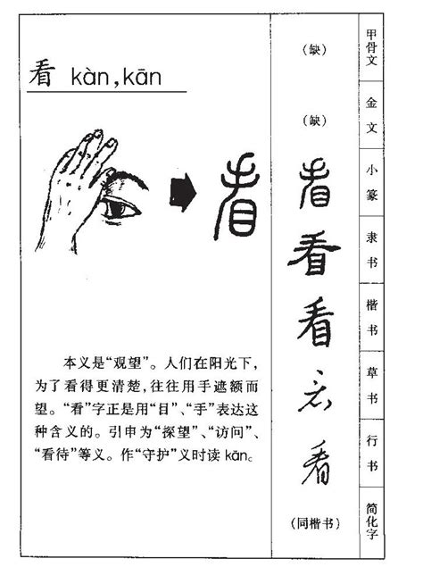 看字的字源 看字源流 看字甲骨文写法 看字金文写法 看字说文解字 看字篆文写法 看字在六书通里怎么写 汉字源流 好字典