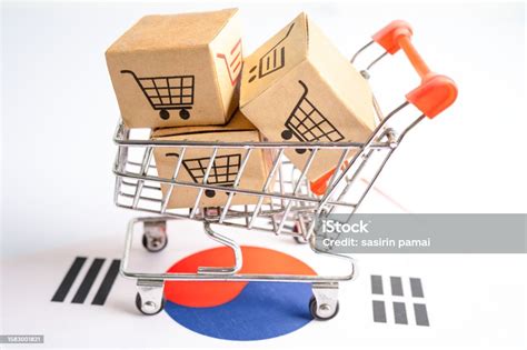 쇼핑 온라인 카트 로고와 한국 국기 수입 수출 쇼핑 온라인 또는 상거래 금융 배달 서비스 매장 제품 배송 무역 공급자 개념이