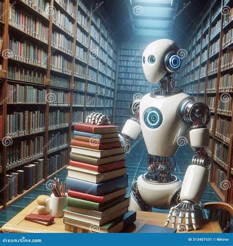 A Library With Books Under The Supervision Of A Robot Librarian