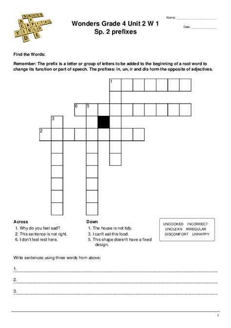 Wonders Grade 4 Unit 2 W 1 Sp 2 Prefixes Crossword Quickworksheets